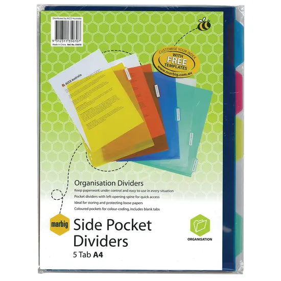 Marbig Divider Side Pockets Clear PP A4 5Tab
