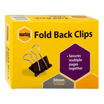 Marbig Fold Back Clips 50mm Box 12