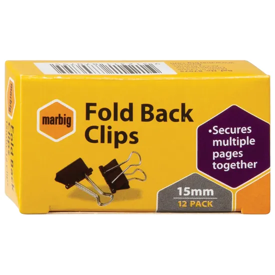 Marbig Fold Back Clips 15mm Box 12