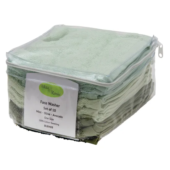 Max & Rosie Face Washers - Mint/Olive/Avocado 10 Pieces - MTA Catalogue