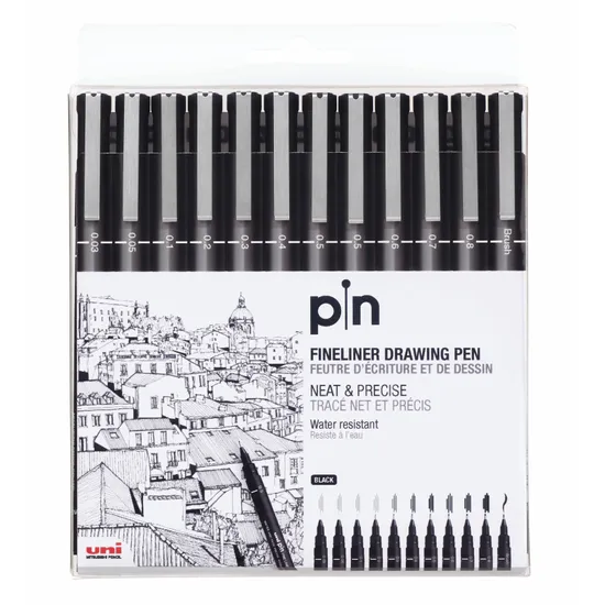 Uni Pin Fine Line Assorted Black Pens – Pack of 12
